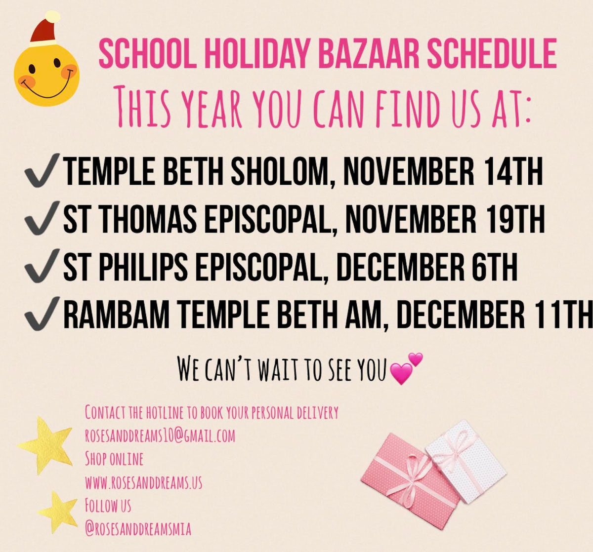 Holiday Bazaar Schedule – Roses and Dreams
